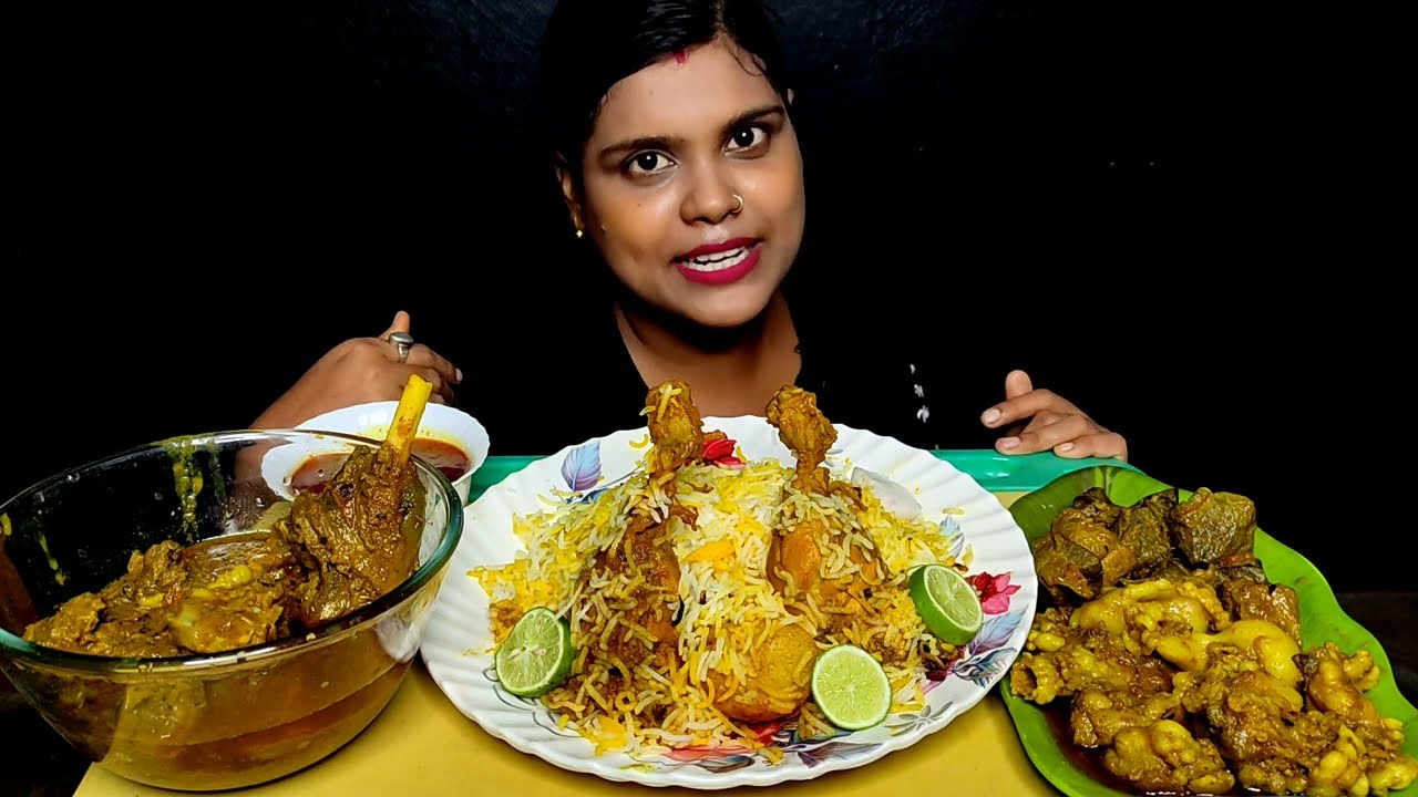 eating huge food. mutton fat curry, mutton curry, chicken biryani ...