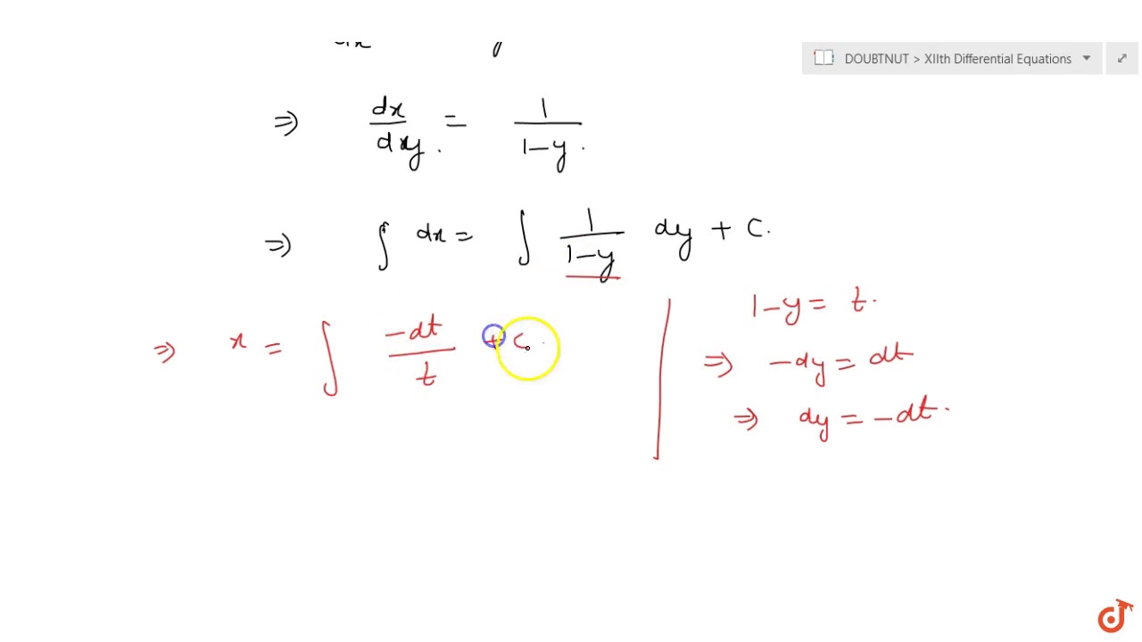 Solve: `(dy)/(dx)+y=1` - YouTube