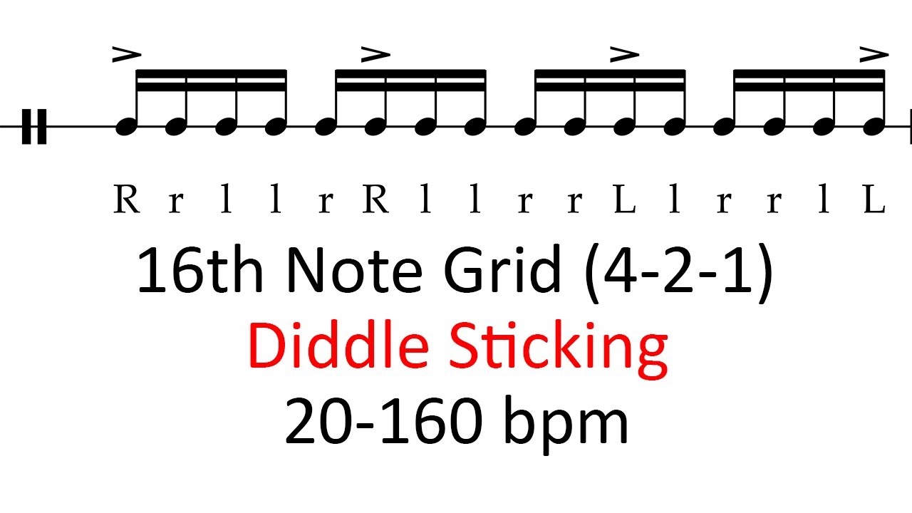 Diddle sticking | 20-160 bpm 16th note grid sheet music - YouTube