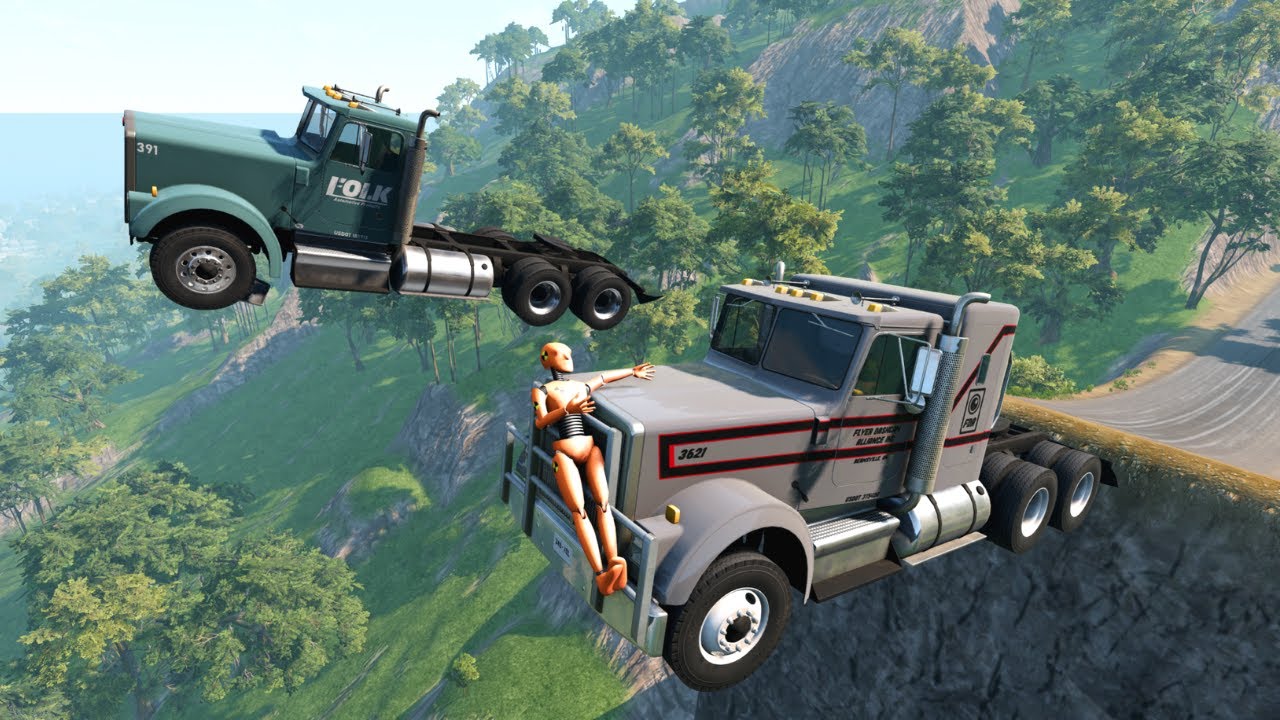 Jumping off mega ramp into cliff. with two vehicles - BeamNG DRIVE ...
