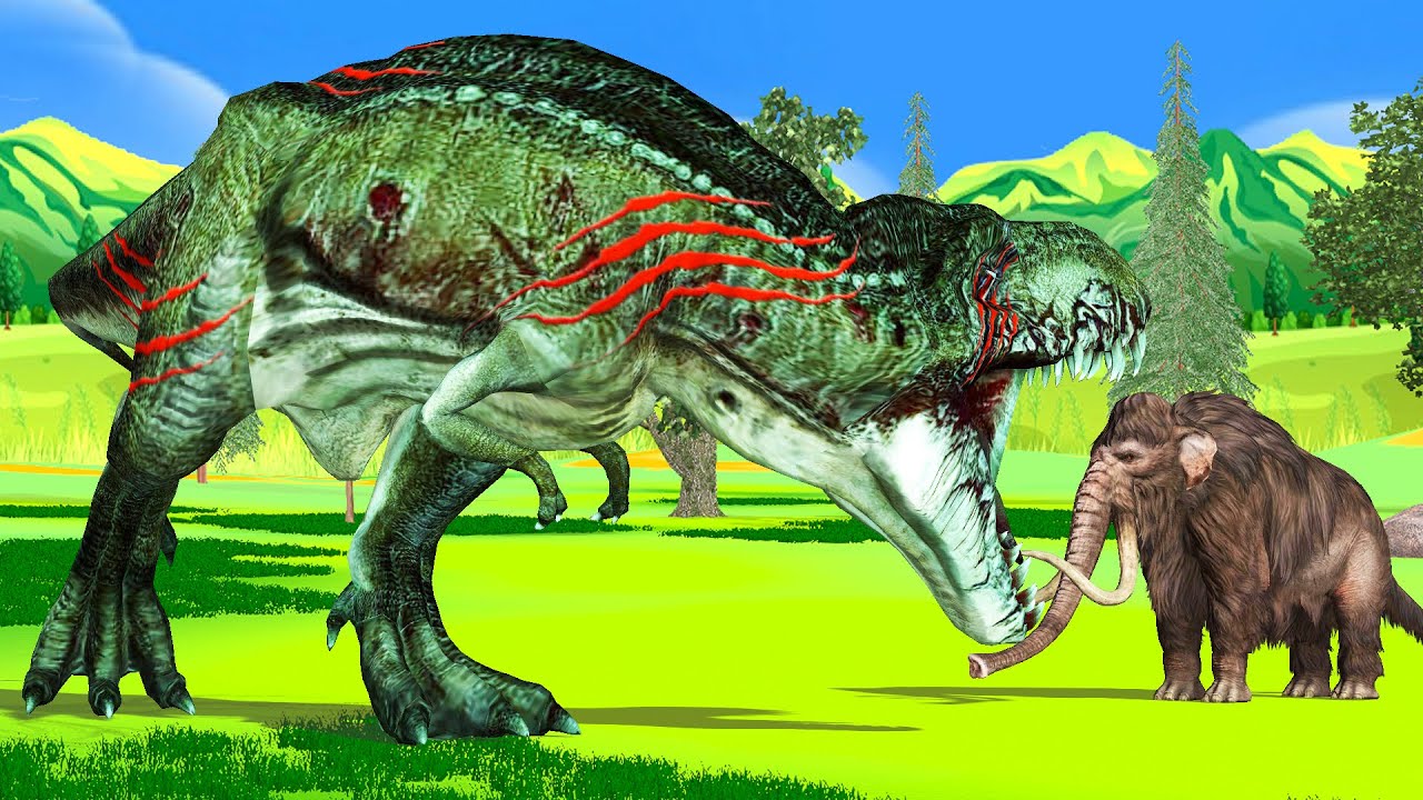 Dinosaur vs Giant Wolf Fight Cartoon Cow Saved by Woolly Mammoth ...