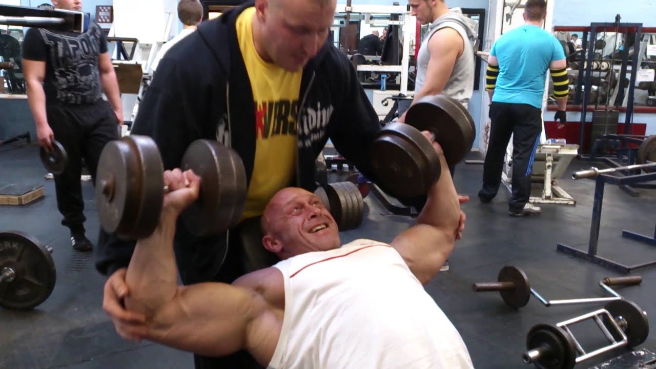 130lbs db press drop set - YouTube