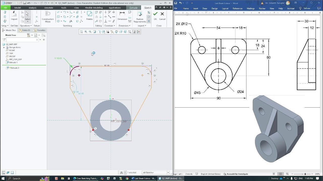 Part 2 | 🛠️ Complete Part Modeling in Creo Parametric: Sketch, Dimension, Constraints & Extrude ...