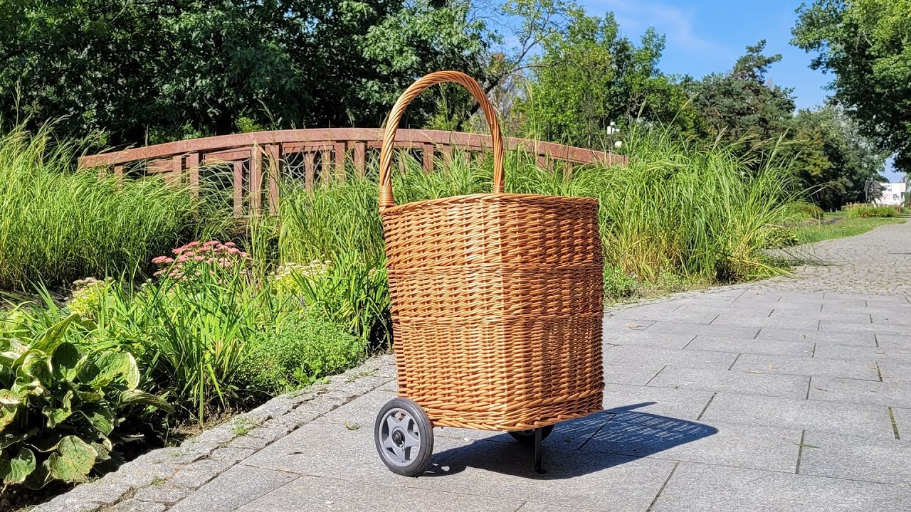 Large wicker cart with wheels for picnic shopping - YouTube