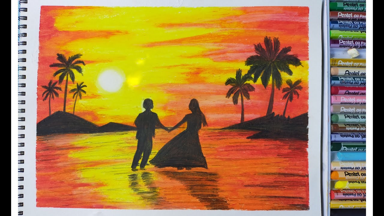 Sunset Scenery Romantic Couple with Oil Pastel | Easy for beginners ...
