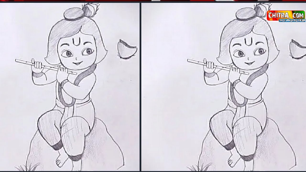 Simple pencil drawing of Lord Krishna with Bansuri | Laughing Baal ...
