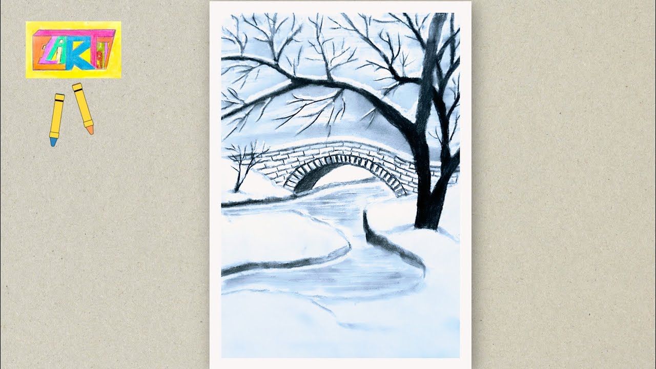 A Winter Bridge Landscape Drawing by Pencil for Beginners with Easy ...
