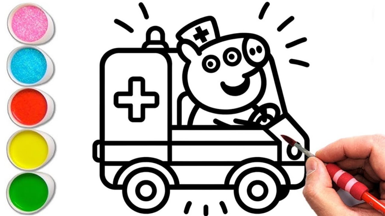 peppa pig driving ambulance🚑 drawing and coloring for kids and toddlers ...