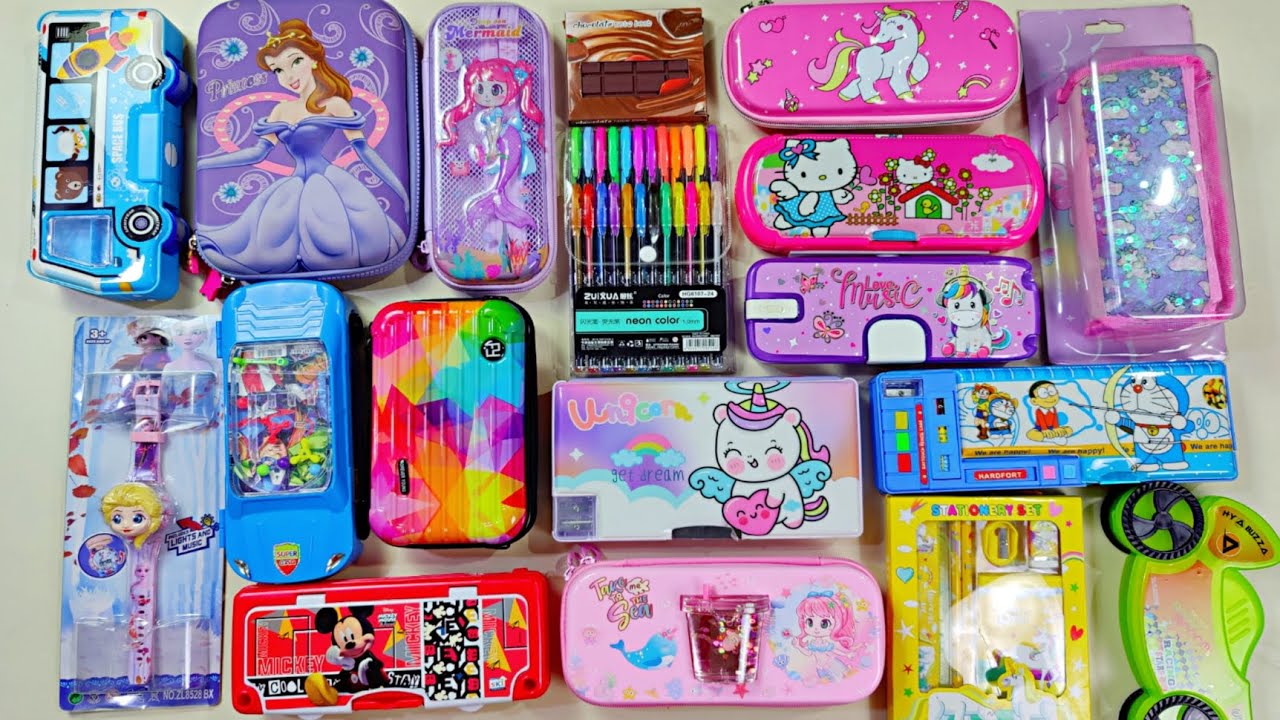 unboxing collection of pencil case, doraemon geometry box, neon pen ...