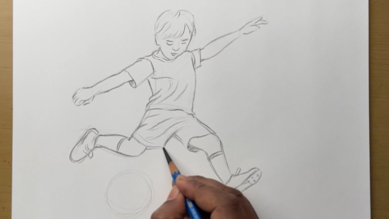 How to draw a boy playing football - YouTube