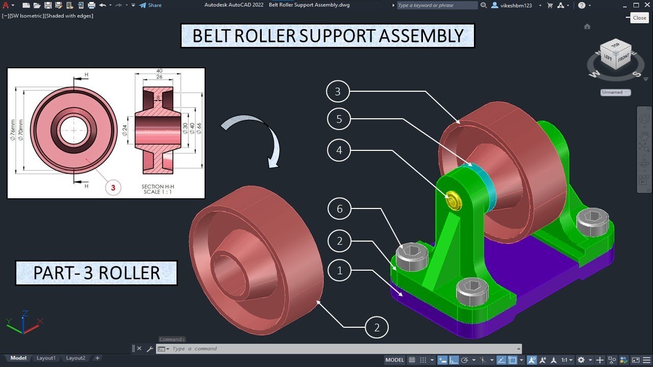 Belt Roller Support Assembly in AutoCAD Part -3 (Roller) - YouTube