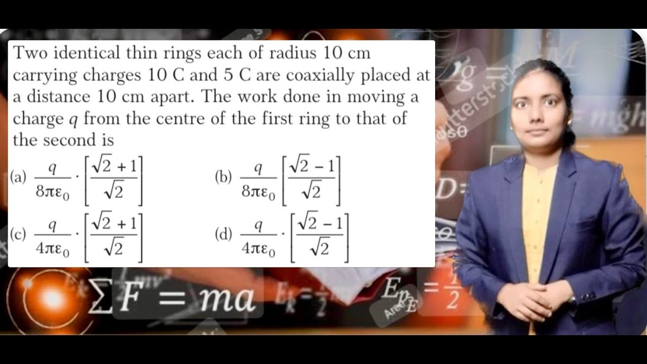 Two identical thin rings each of radius 10 cm carrying charges 10 C and ...