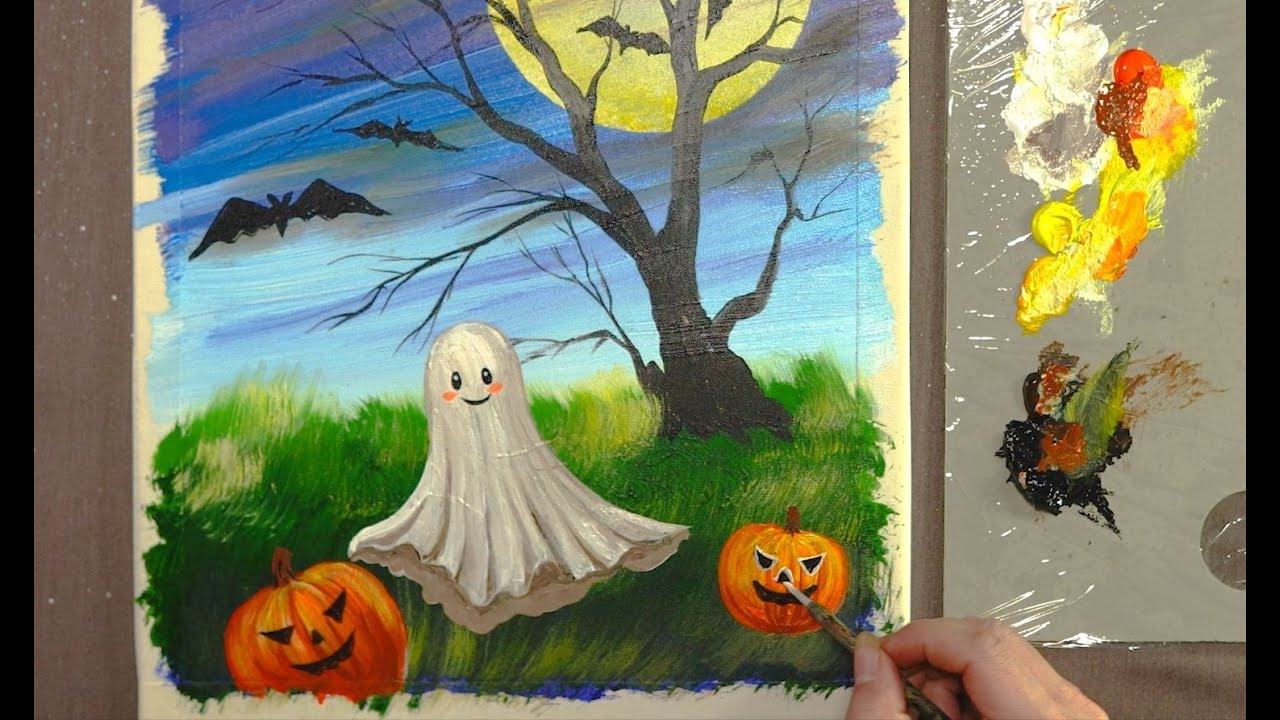 Ghost in the Woods / Halloween Painting Tutorial / Acrylic Painting For ...