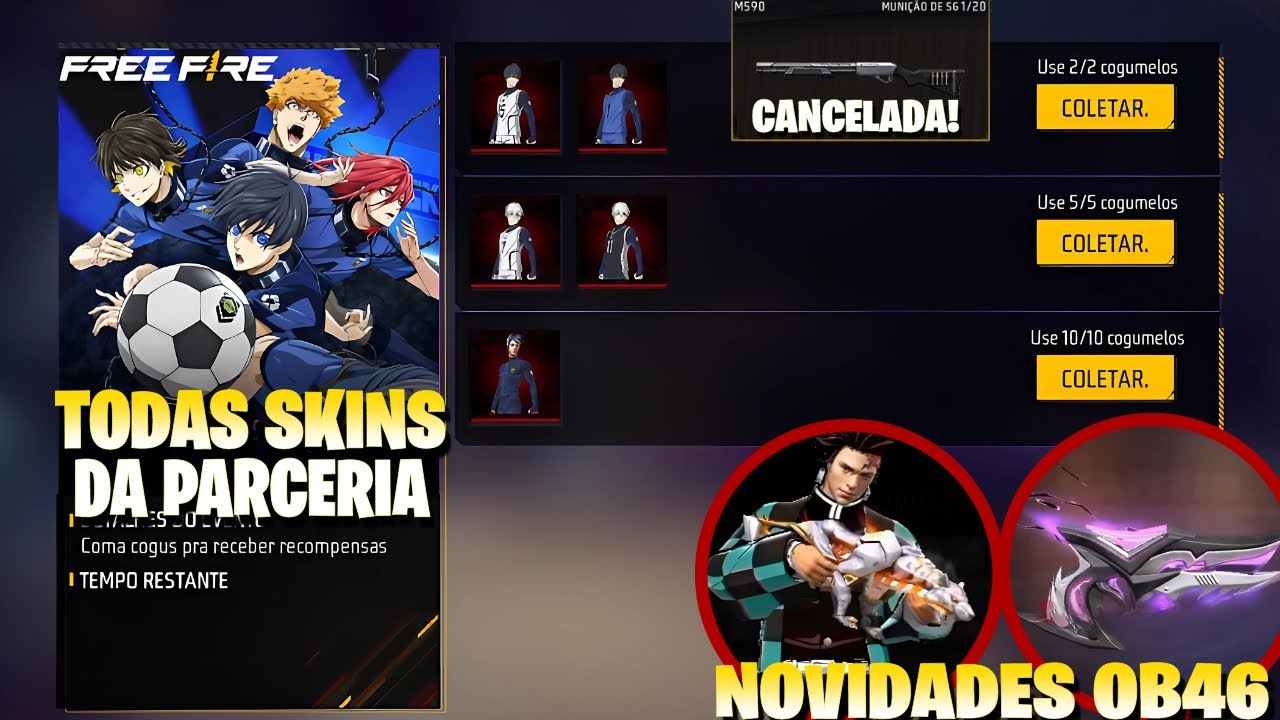TODAS SKINS DA NOVA PARCERIA FREE FIRE X BLUE LOCK, VAZAMENTOS OB46 ...