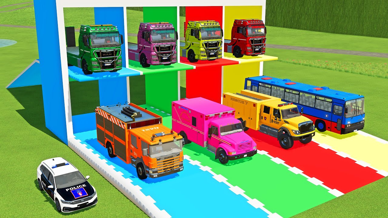 TRANSPORTING FIRE DEPARTEMENT, BUS, POLICE CARS, AMBULANCE, FIRE TRUCK ...