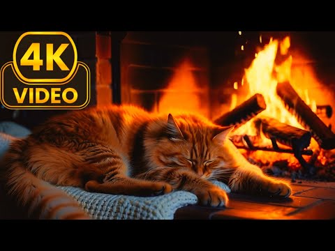 Mırlayan Kedi & Şömine Ateşi 🔥 Uyku, Ders Çalışma ve Rahatlama İçin Ambiyans(Fireplace 4K)