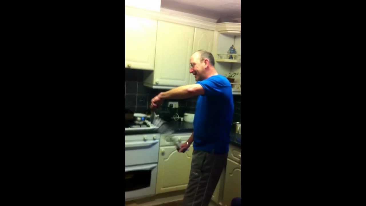 My partner and my dad whooping with tea towels :) - YouTube