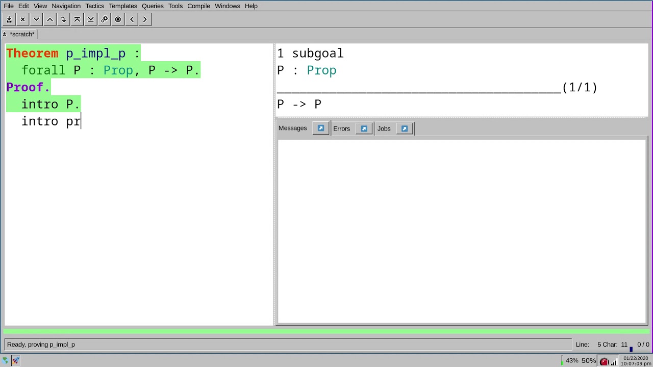 CoqIDE Demo (proving that all propositions imply themselves) - YouTube