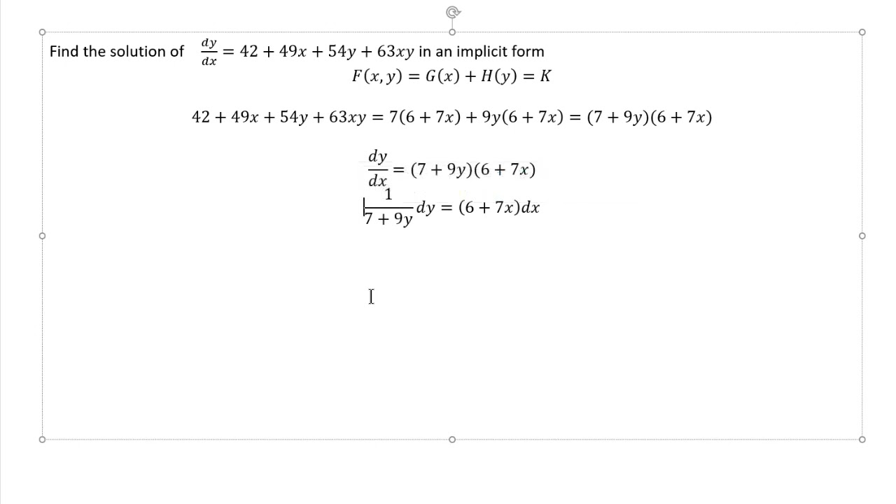 Solving a separable differential equation in implicit form - YouTube