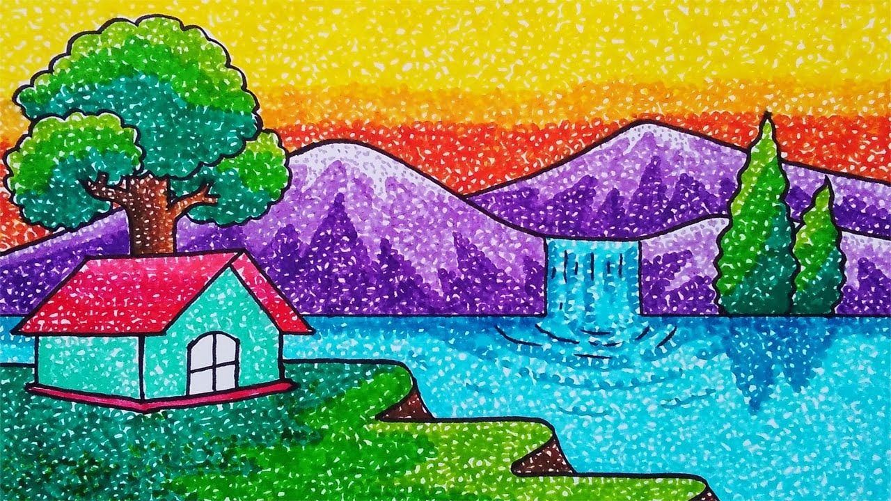 How To Draw Easy Mountain and Waterfall Scenery With Colour Pens | Easy ...