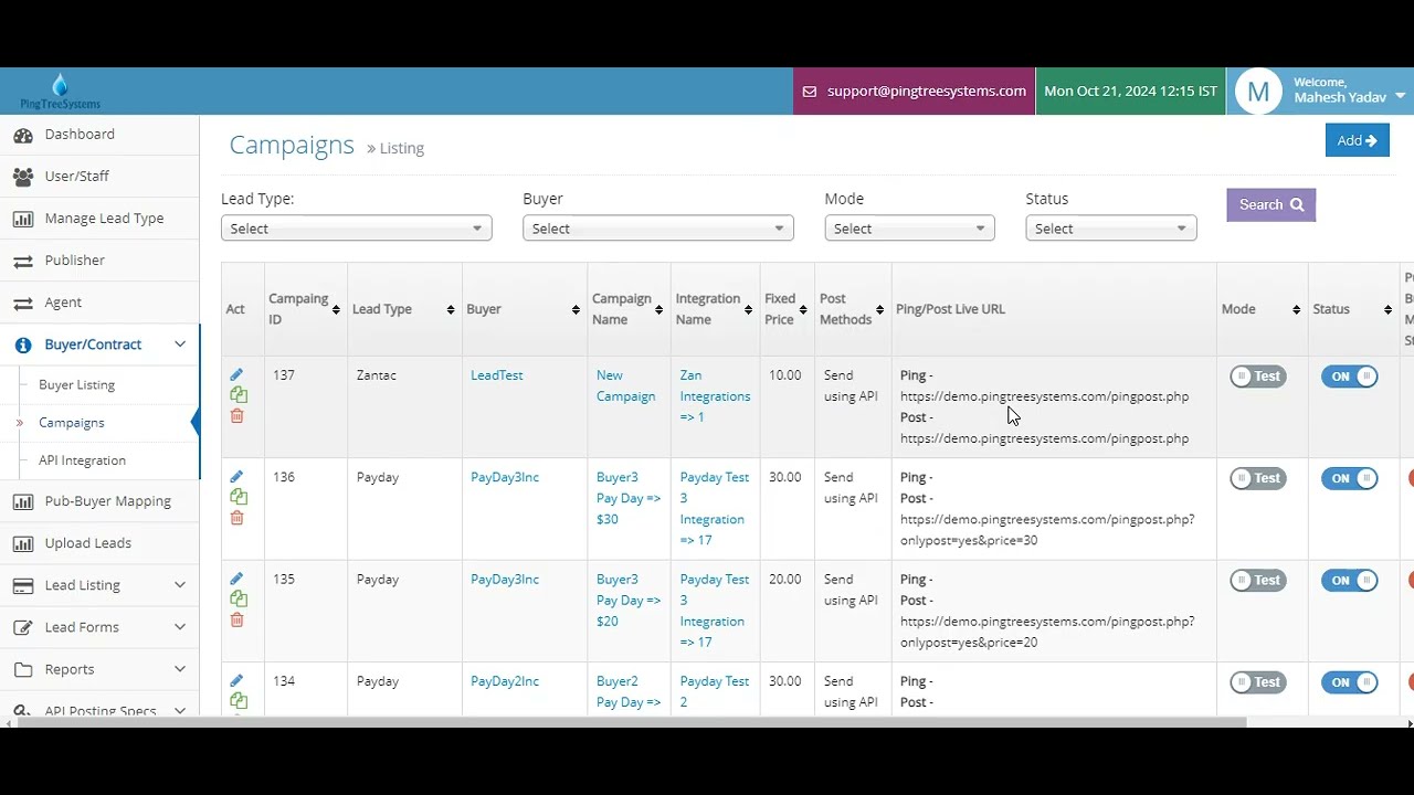 How to add campaign | Ping Tree Systems | Lead Distribution Software ...