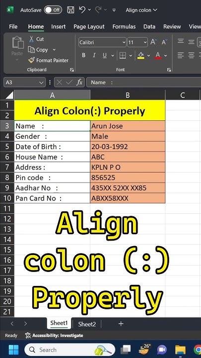 Align colon(:) Properly in excel - YouTube