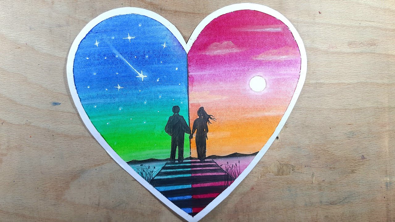How to draw heart couple scenery / Half & half scenery drawing step by ...
