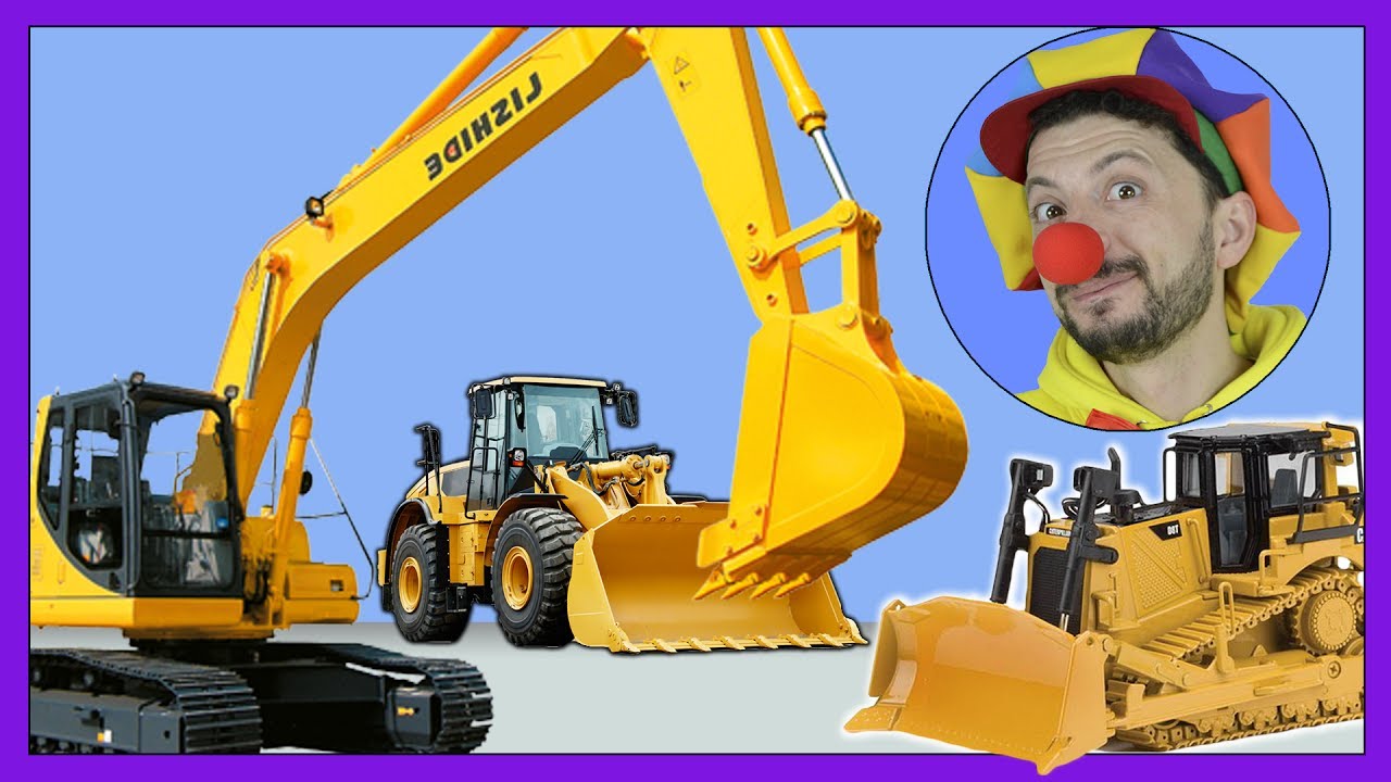 Clown Bob learn Construction vehicles Excavator Bulldozer Tractor Truck ...