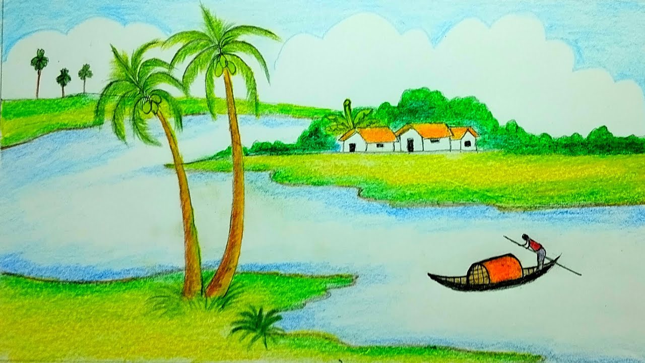 How to draw river side landscape/village scenery step by step for ...