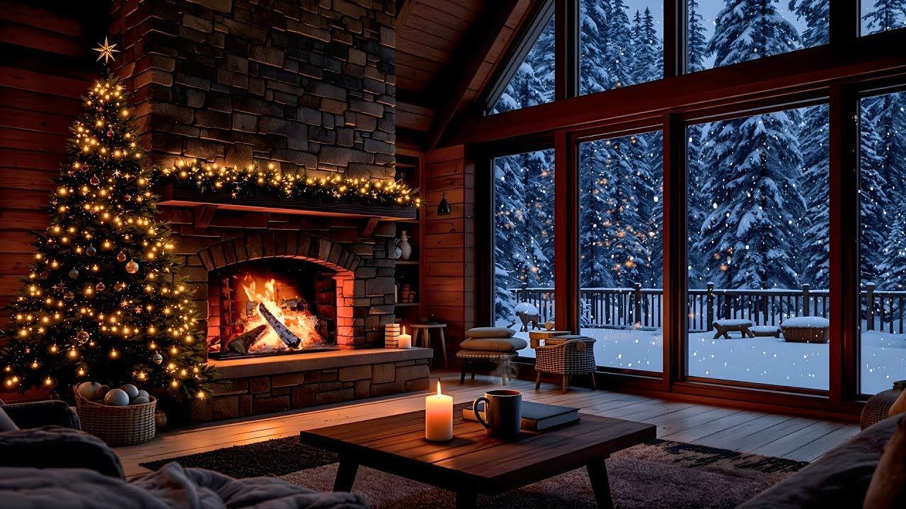 Cozy Christmas Cabin Ambience ️ Crackling Fireplace, Snowfall ...