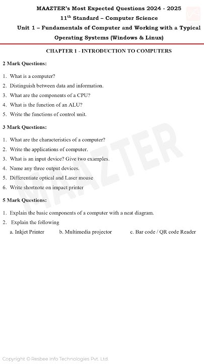 11th Std Computer Science | Unit 1 | Important Questions to cover first Unit | Repeated ...