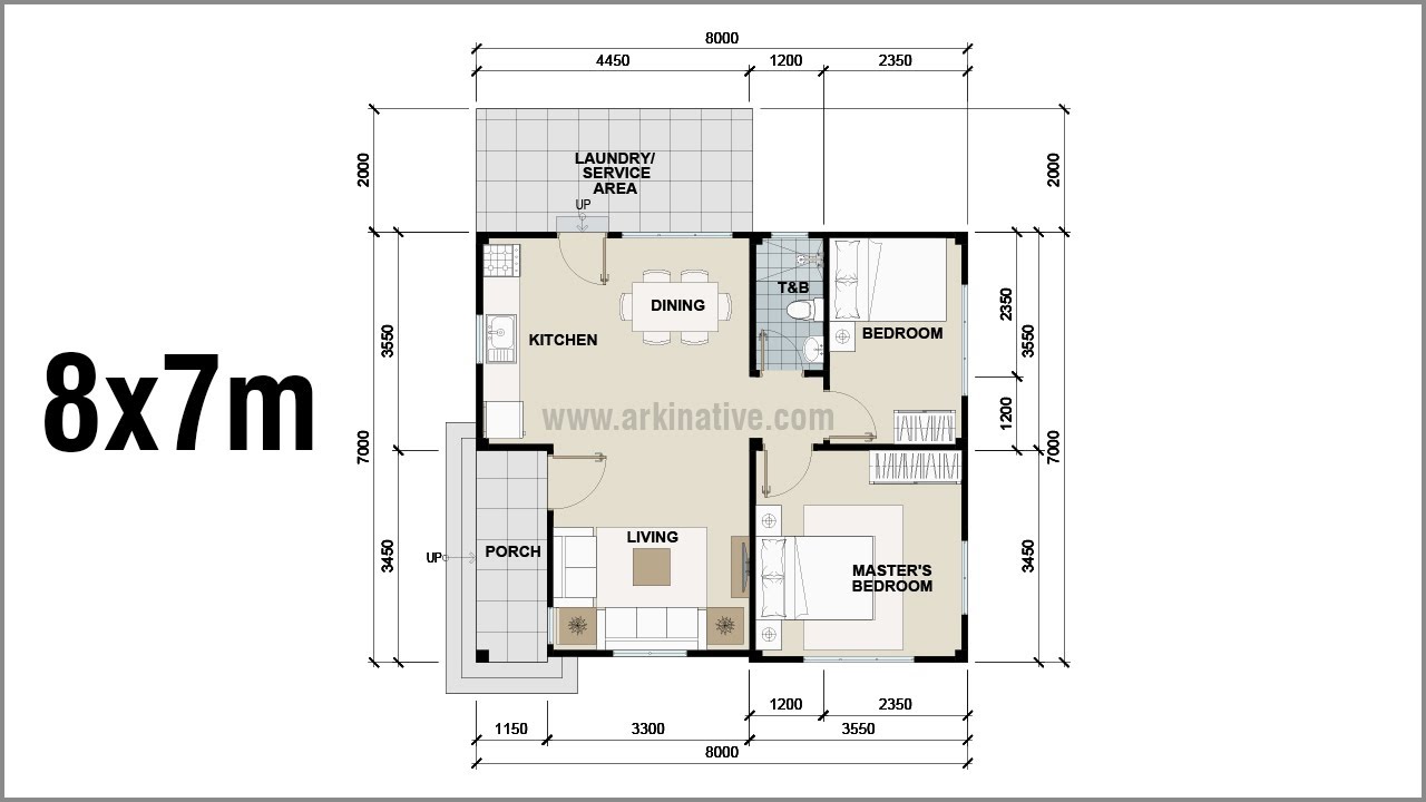 Small House Design Floor Plan 2 Bedroom (8x7m 56 Sqm) Floor Plan No.1 ...