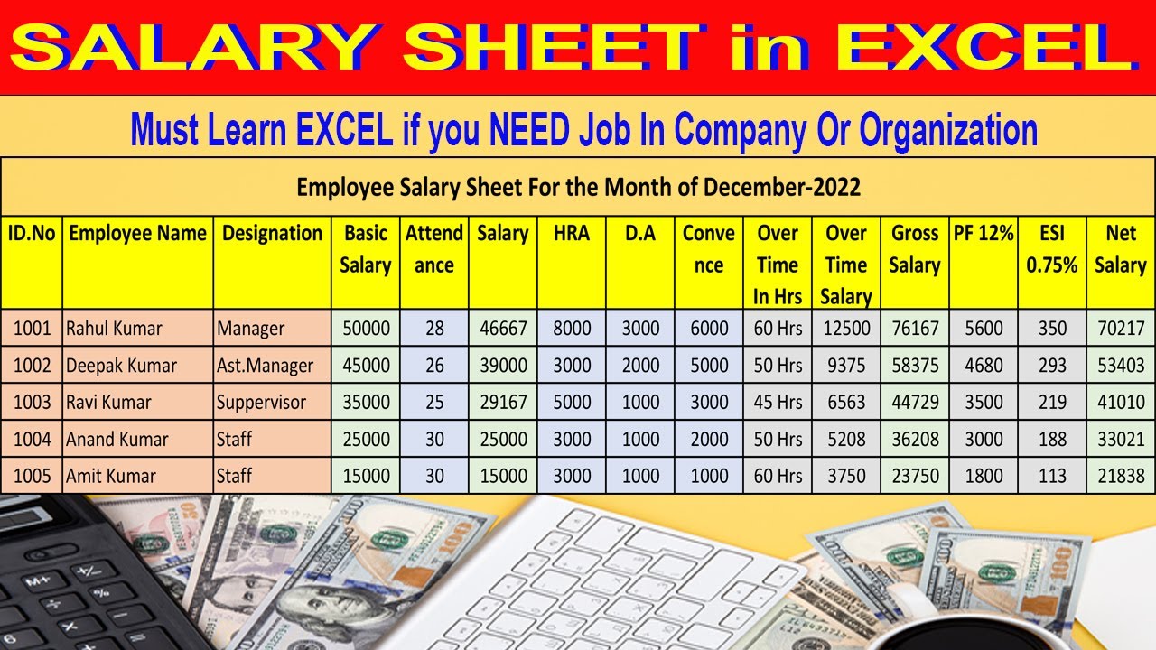 Salary Sheet In Excel D A HRA PF ESIC GROSS SALARY MS Excel Salary Sheet In Excel D A HRA PF ESIC GROSS SALARY MS Excel
