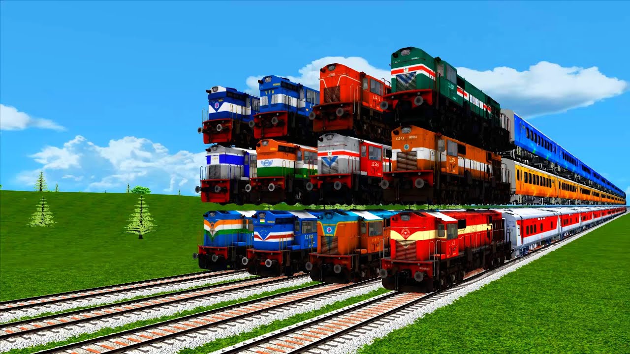 12 Train Dangerous Flying Crossing On Top at Bumpy Forked railroad ...