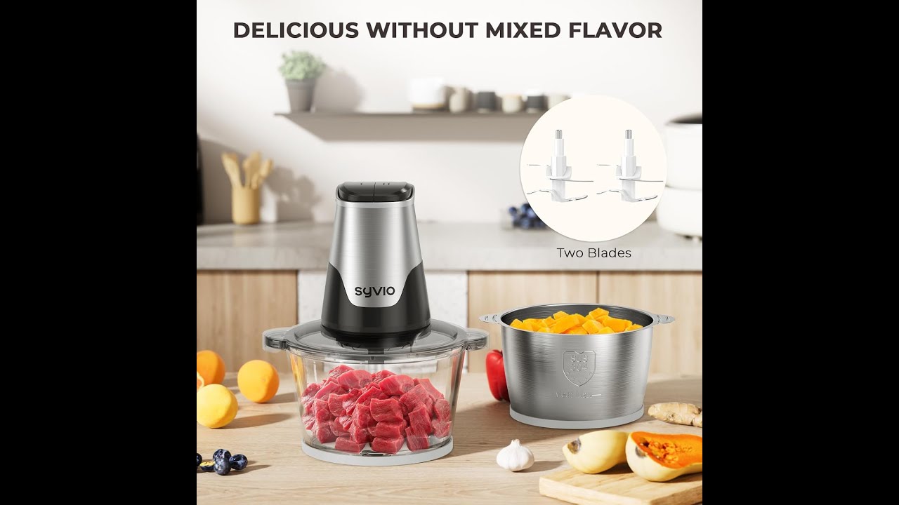 Syvio Food Processors with 2 Bowls, Meat Grinder 4 Bi-Level Blades ...