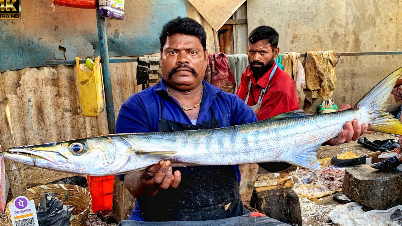 KASIMEDU 🔥 SPEED SELVAM | HUGE BARRACUDA FISH CUTTING VIDEO | 4K VIDEO ...