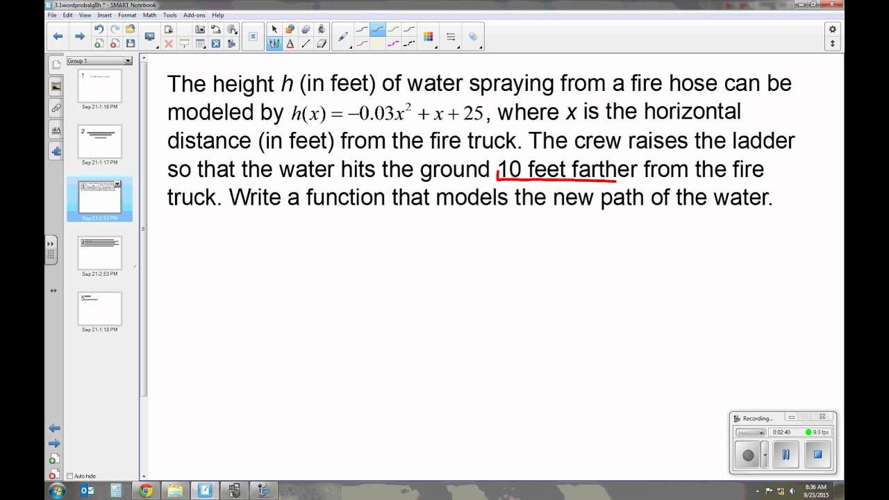 Use Transformations of Quadratic Functions - Word Problems (3.1 ...