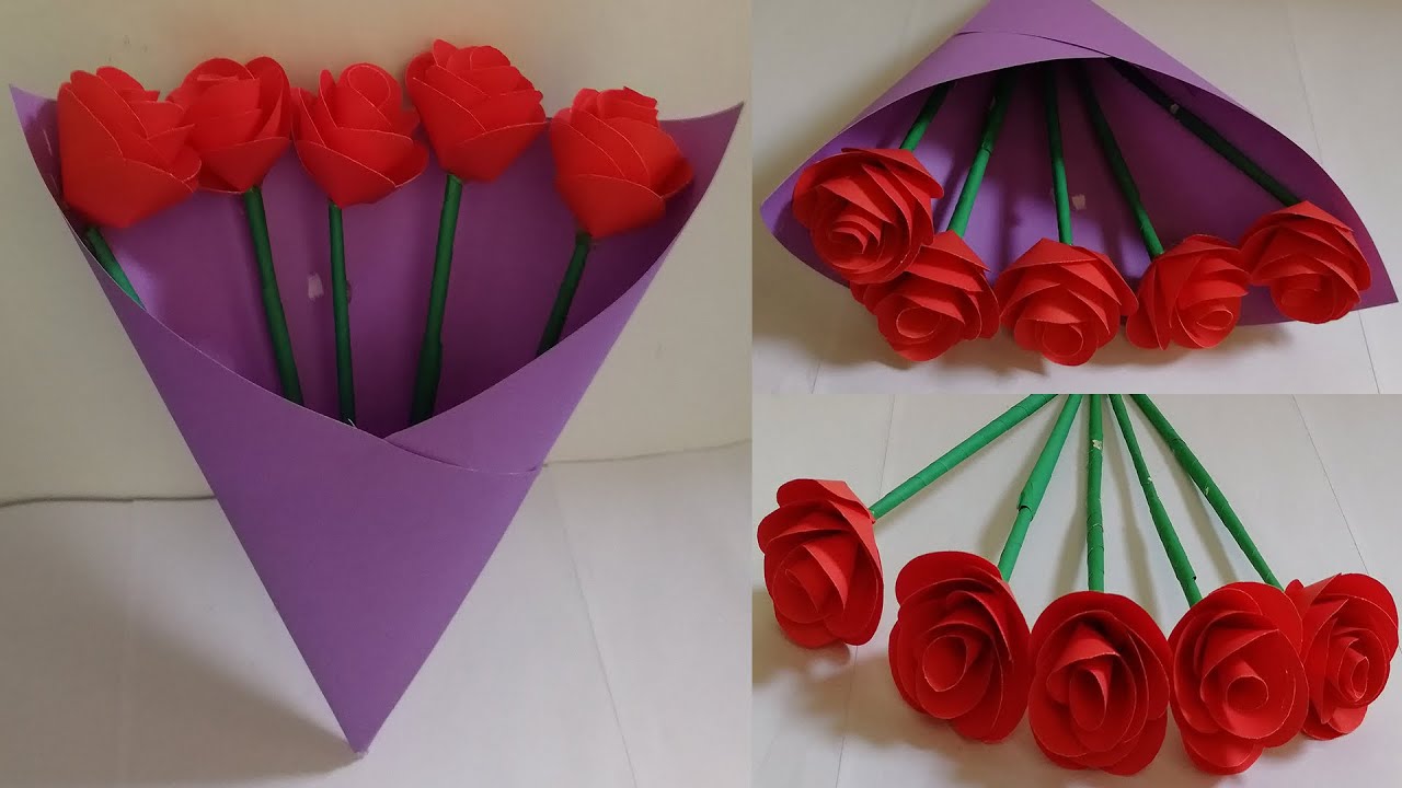 How To Make Paper Flower Bouquet With Paper Rose || DIY||Paper Craft ...