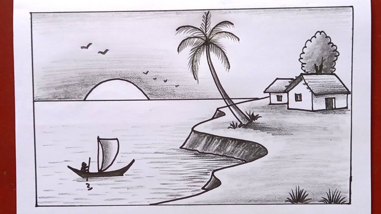 simple landscape scenery drawing with pencil shading - YouTube
