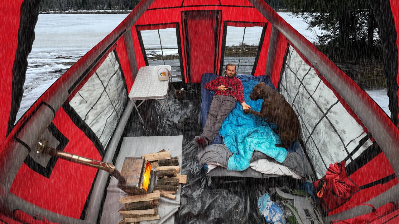 Inflatable Cabin vs. Heavy Rain | Winter camping In Damp Conditions ...