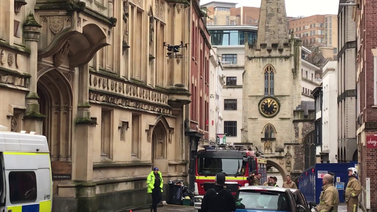 Police drone investigates Bristol Guildhall fire - YouTube