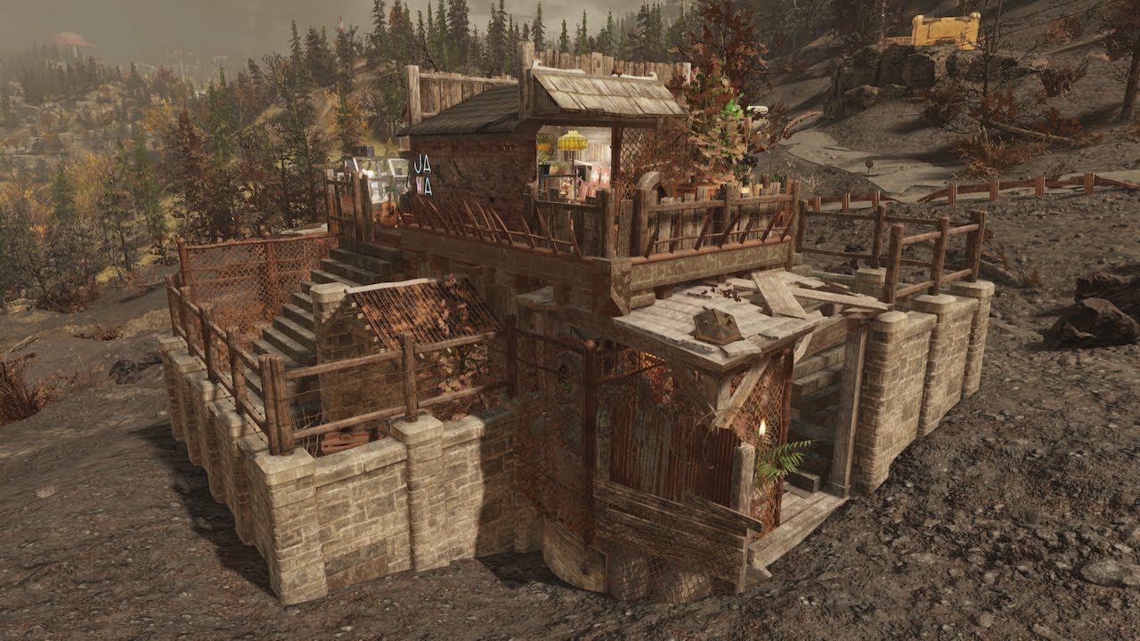 Fallout 76 camp 033 - Dual stone staircases and a densely-decorated Ash ...