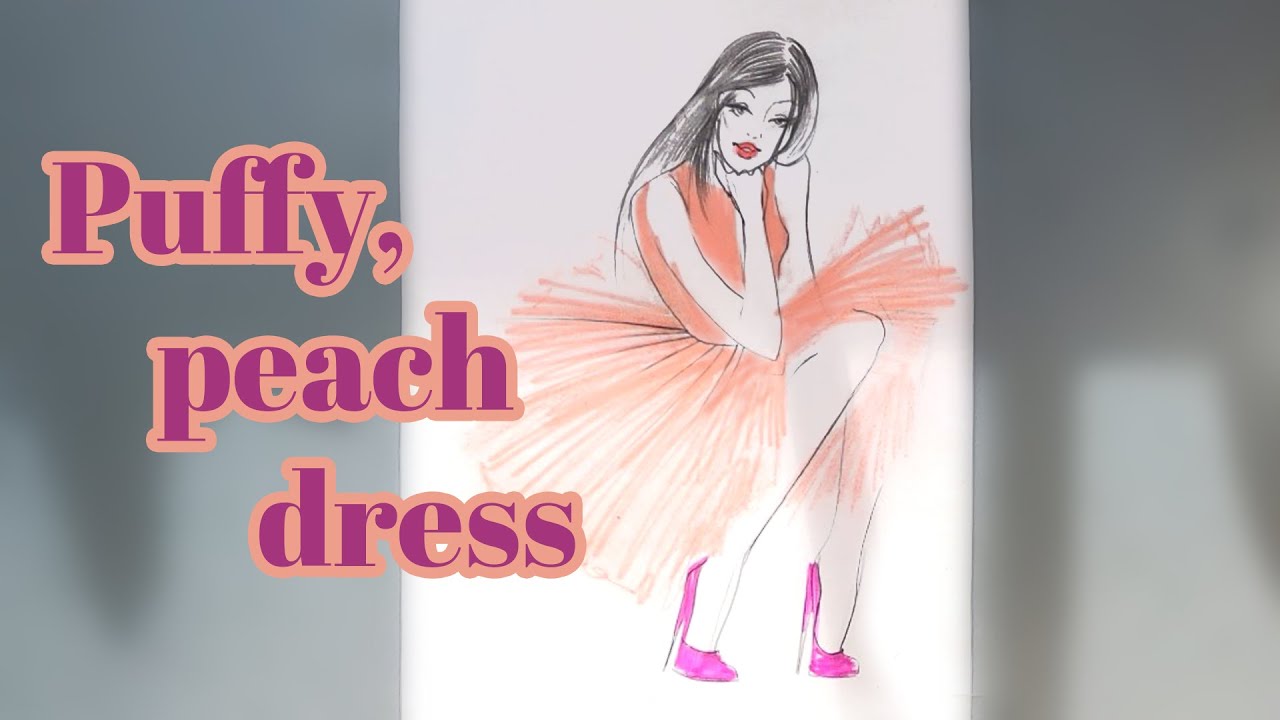 How to draw sitting girl wearing puffy, peach dress / Easy step by step ...