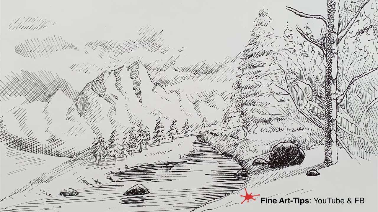 HOW TO DRAW A XMAS LANDSCAPE WITH SNOW - Pen & Ink - YouTube