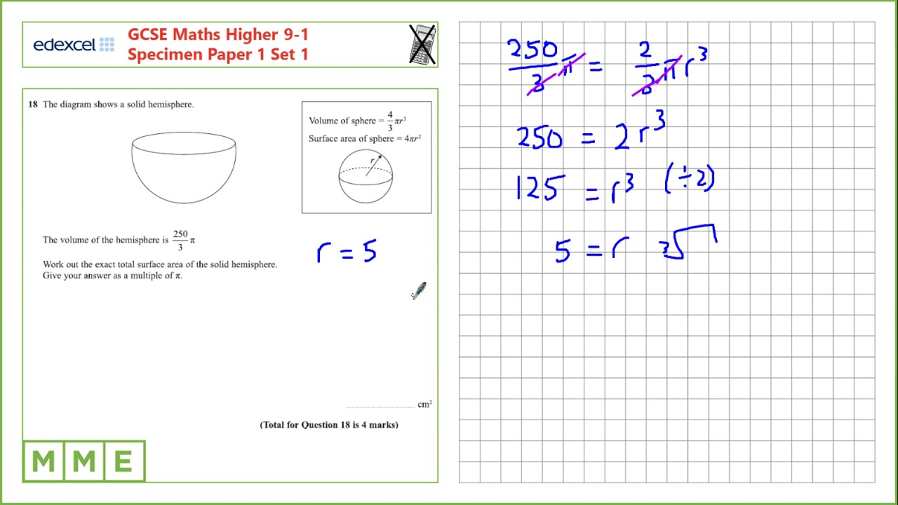GCSE Maths EDEXCEL Specimen Set 1 Higher Paper 1 Q18 Volumes of 3D ...