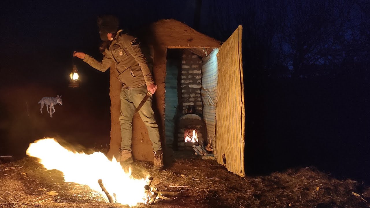 solo camping in the shelter. Building a fireplace and cooking - YouTube