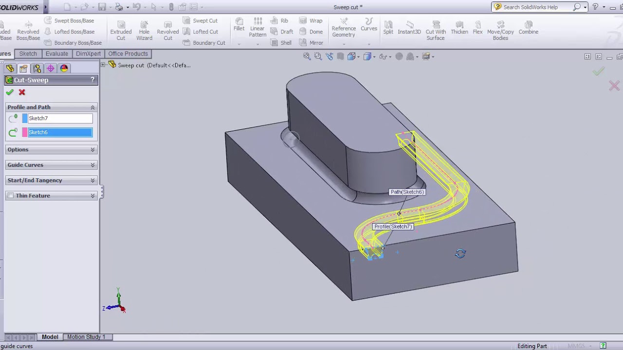 Solid works swept cut feature I Using swept cut - YouTube