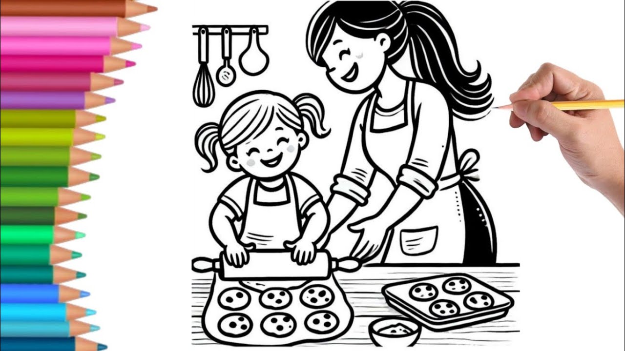 Mom cooking food with daughter drawing//easy drawing for kids #drawing ...