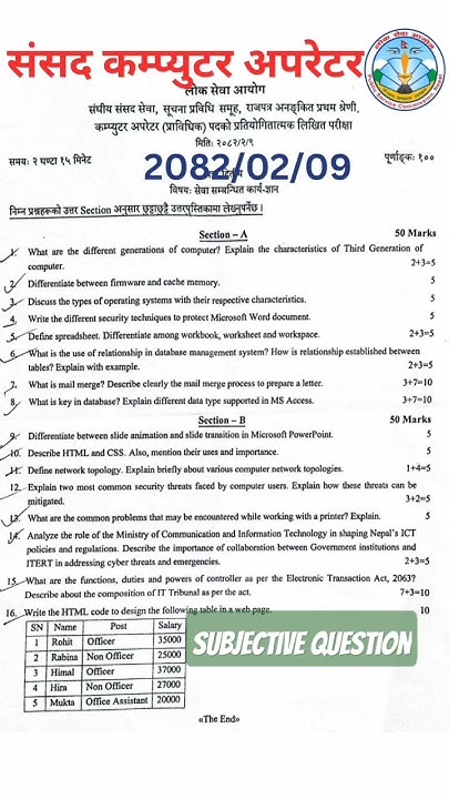 Subjective paper of Computer Operator ! 2082/02/09 #computer #computeroperator #loksewa #psc # ...
