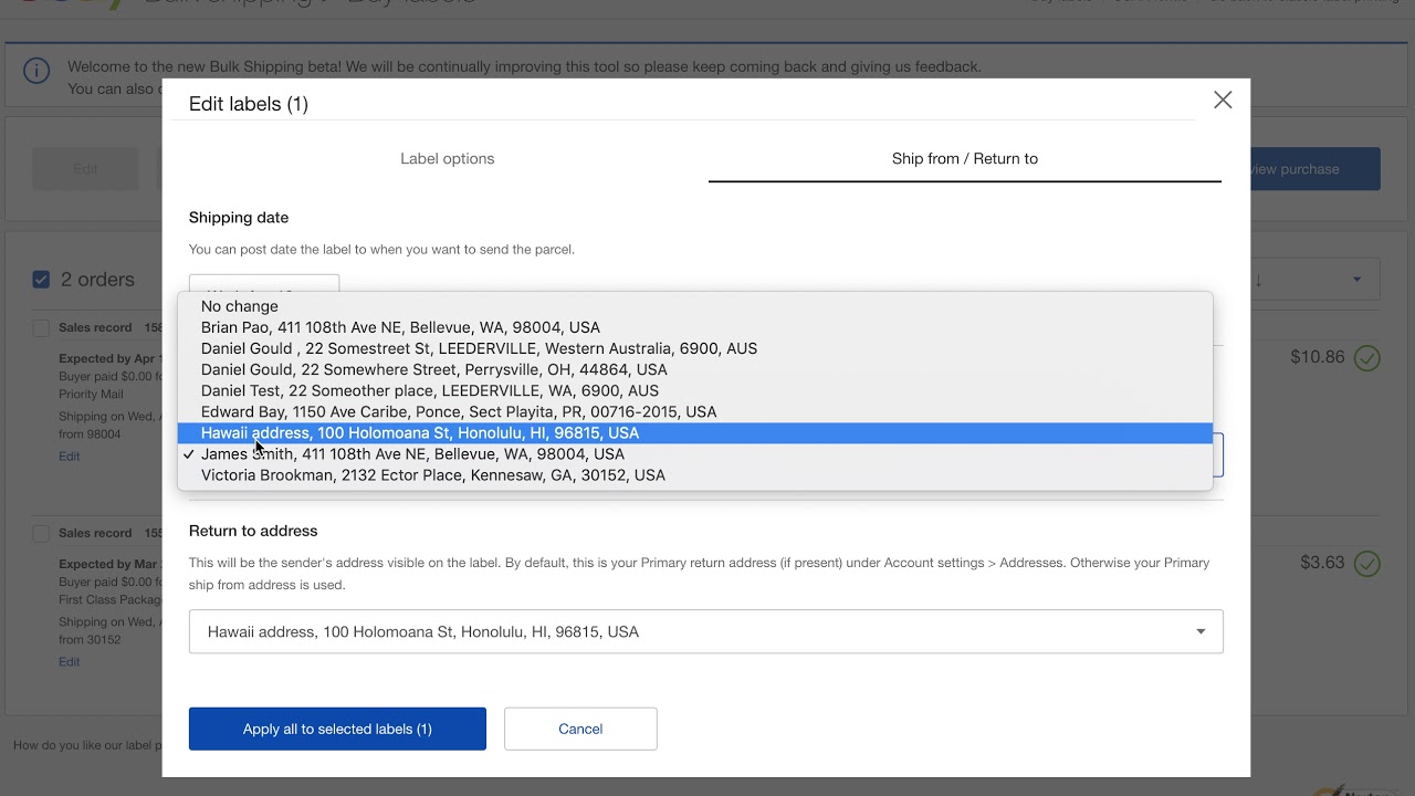 Changing ship-from and return-to addresses for one label - YouTube